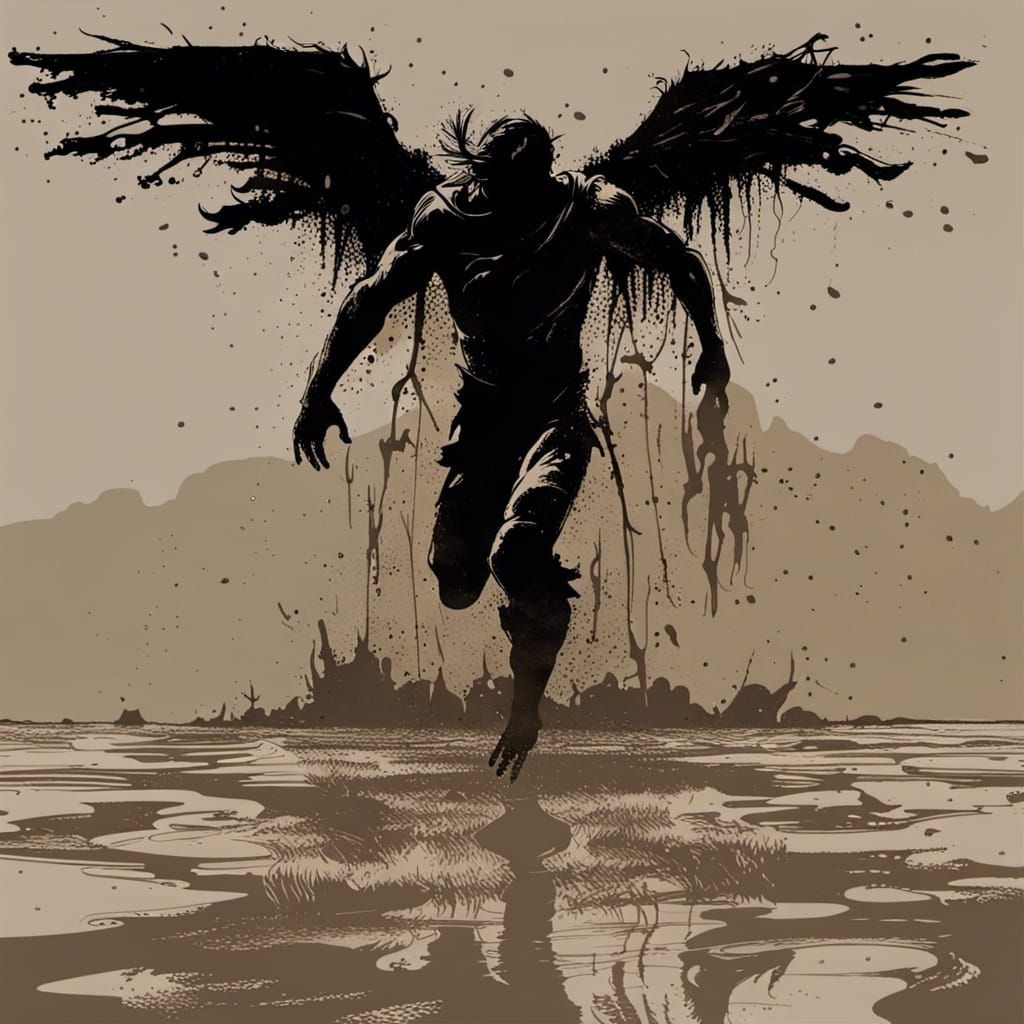 A silhouette of a male angel hopping through a muddy quagmire in Chaos ...