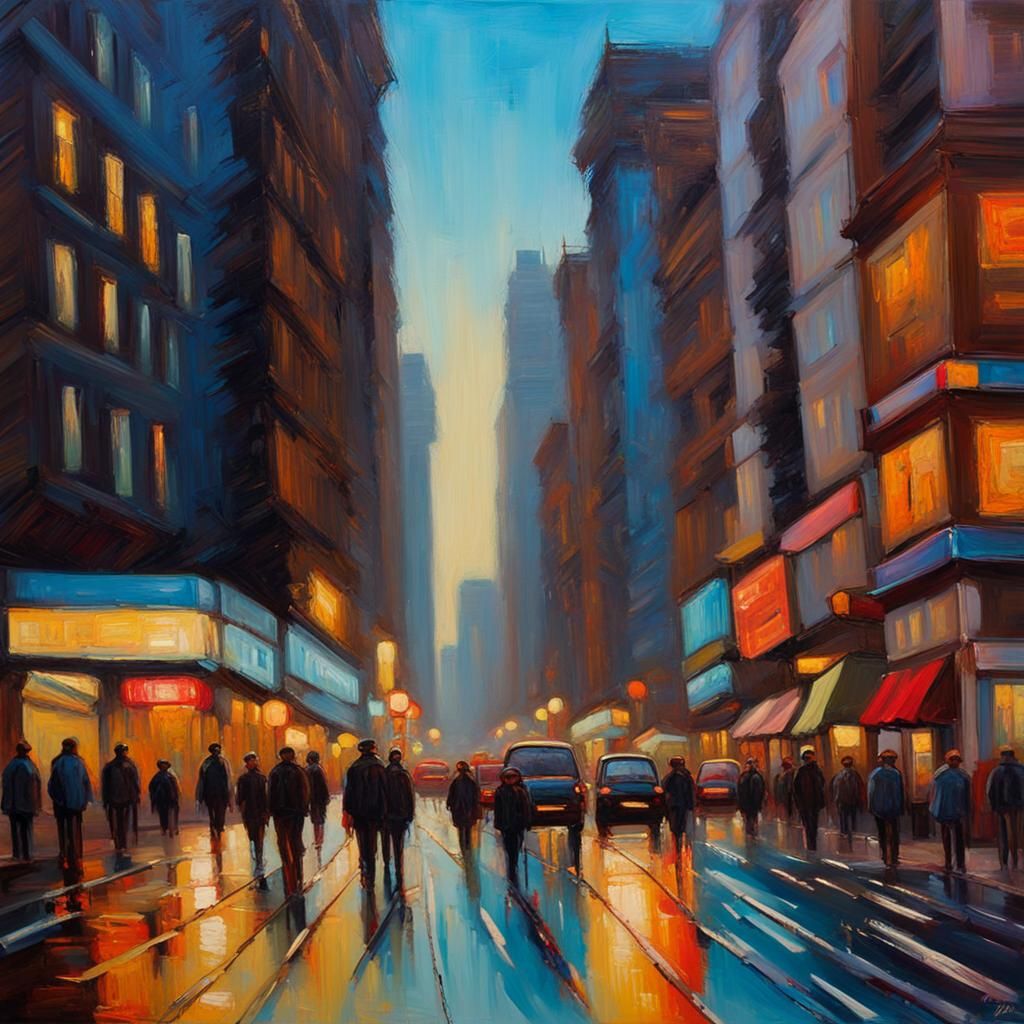 Photograph of a busy city street at dusk, taken from a low angle, with ...