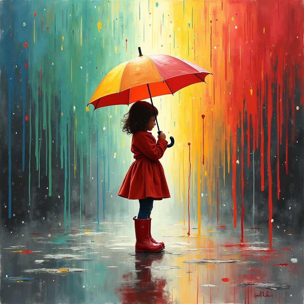 Rain - Child in Colorful Rain, Whimsical Street Art