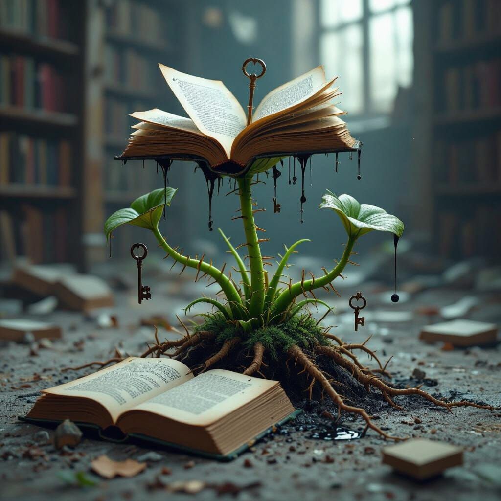 "A carnivorous plant growing in abandoned libraries: **book-page petals ...