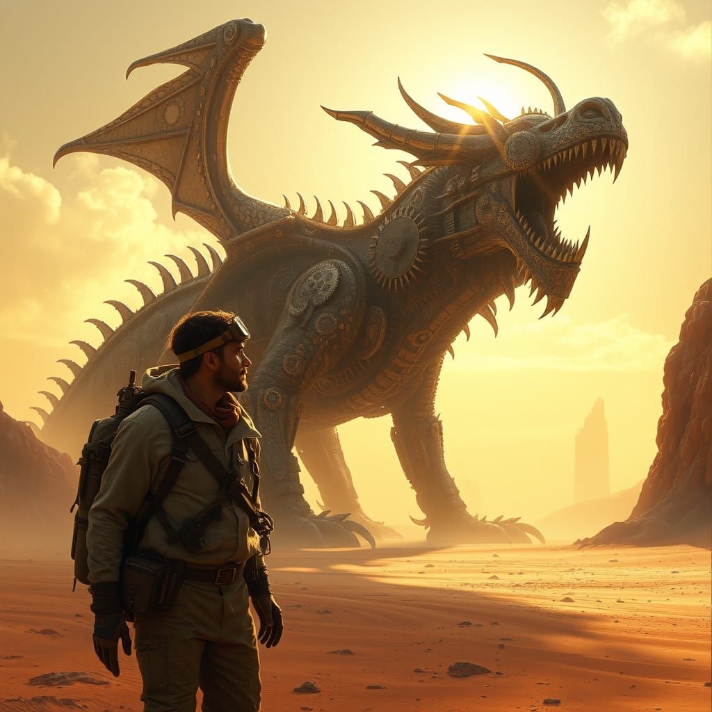 Clockwork Dragon in Alien Desert Landscape, Steamp... - AI Art
