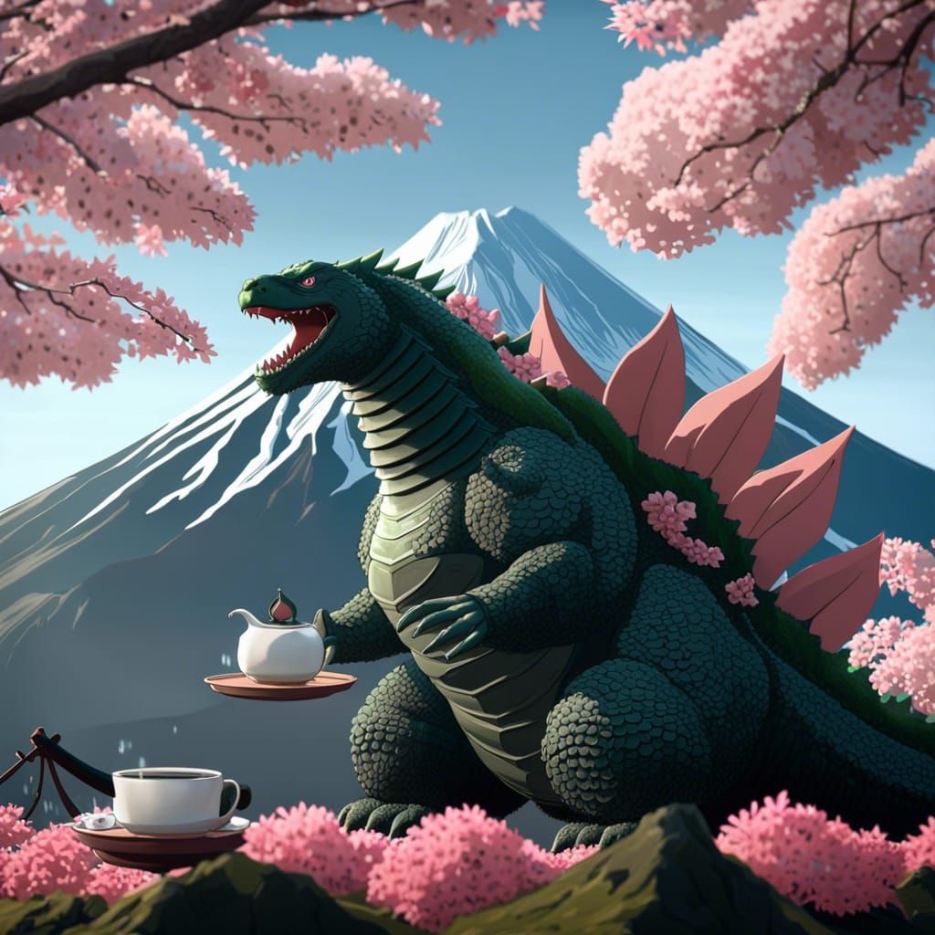 Godzilla on Mt. Fuji with Sakura and Tea 5 - AI Generated Artwork ...