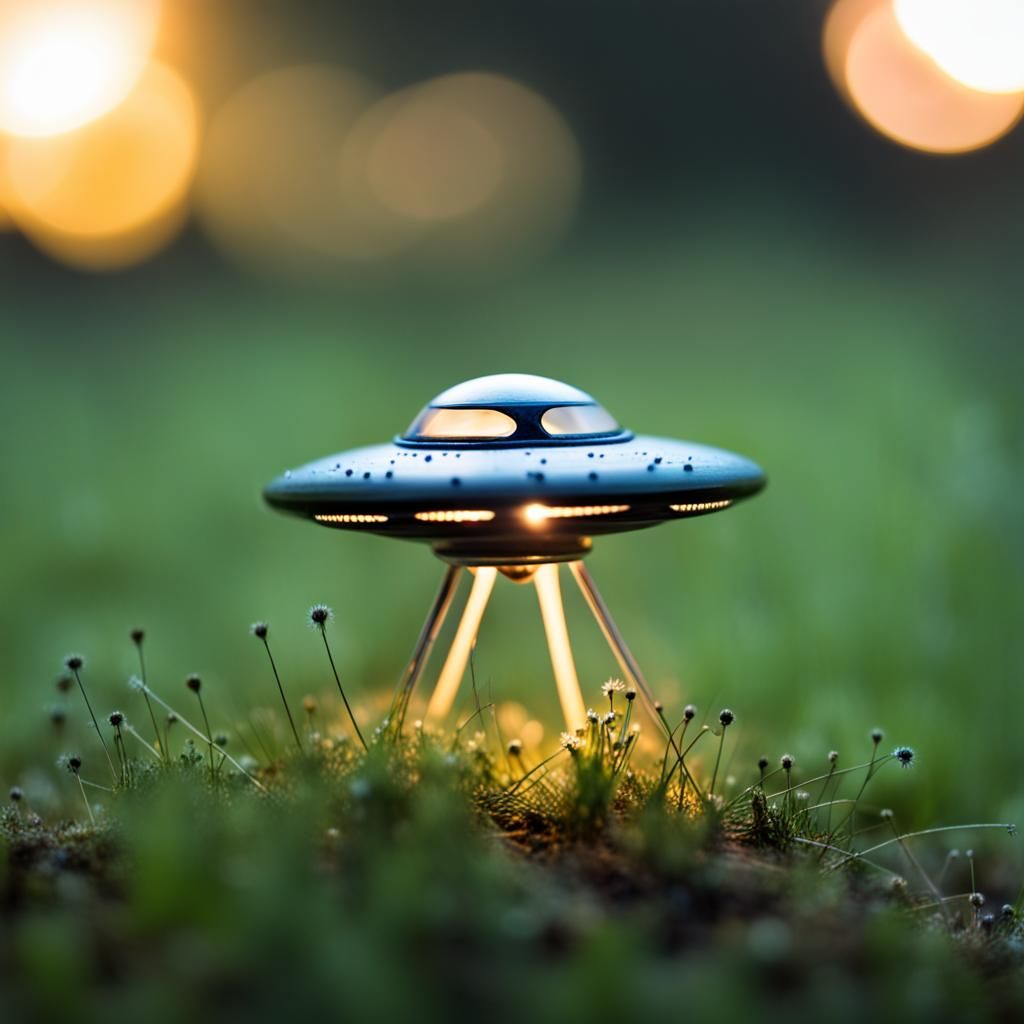 Photograph, Macro, miniature ufo with alien in it in the meadow ...