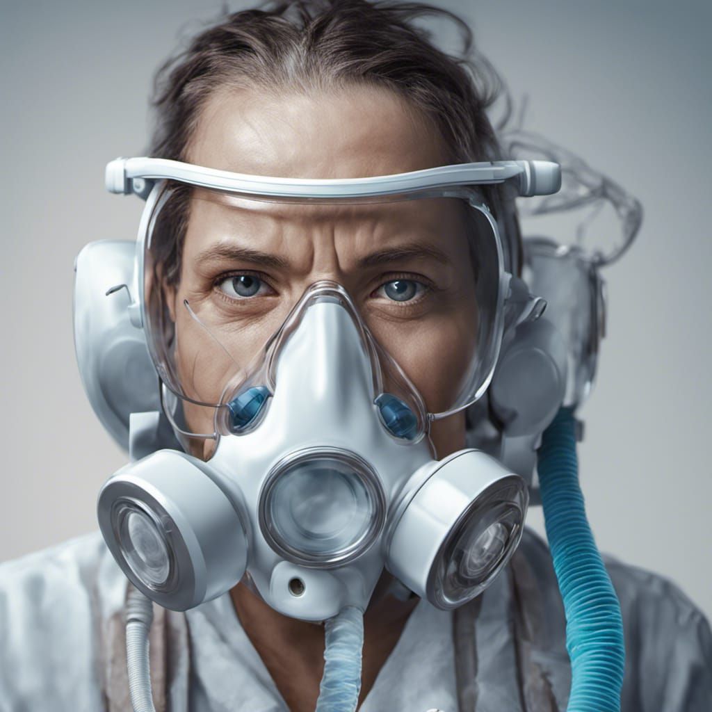 person with oxygen mask and oxygen concentrator, white room - AI ...