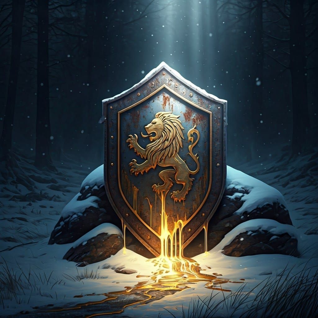 a large rusted detailed silver and gold shield with a textured lion ...