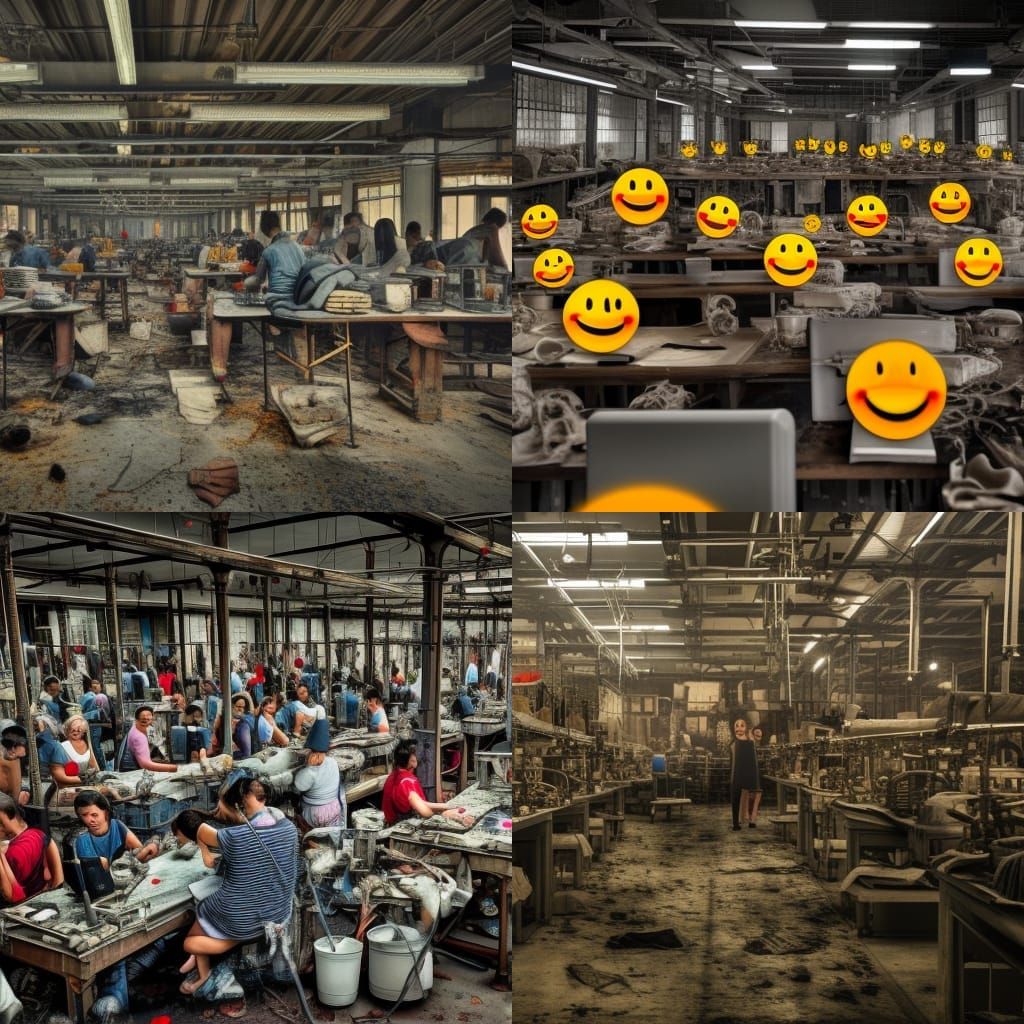 factory where smiley-face-symbol-emojis made in a crowded filthy ...
