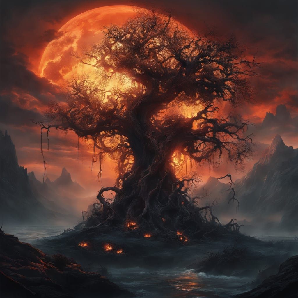 Shattered Tree Reaches for the Darkening Sky - AI Art