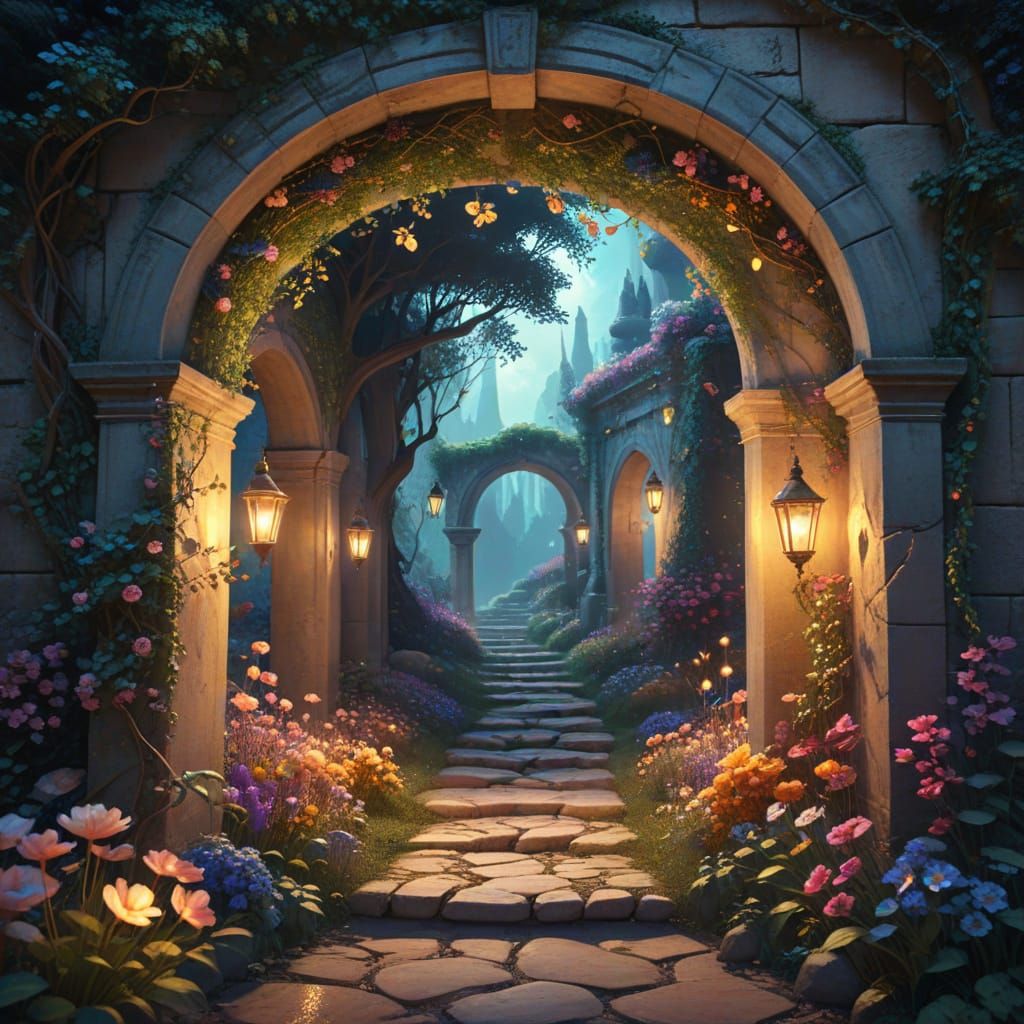 A vibrant, fantasy garden path leads to an ornate archway. A stone ...