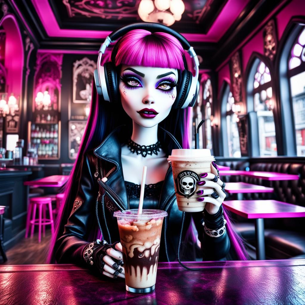 emo draculaura monster high drinking an iced coffee in a gothic cafe ...