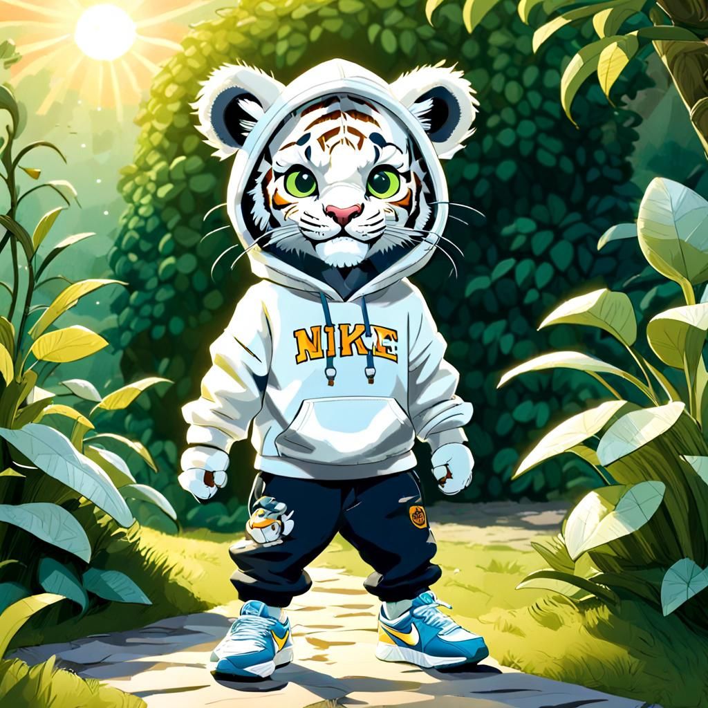 In the garden, a sickly anthropomorphic white golden tiger cub wear ...