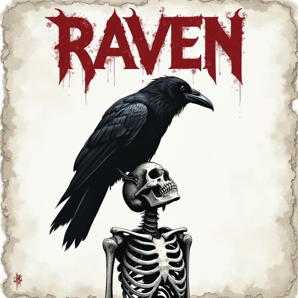 Gothic Raven Perched on Weathered Skeleton - AI Art
