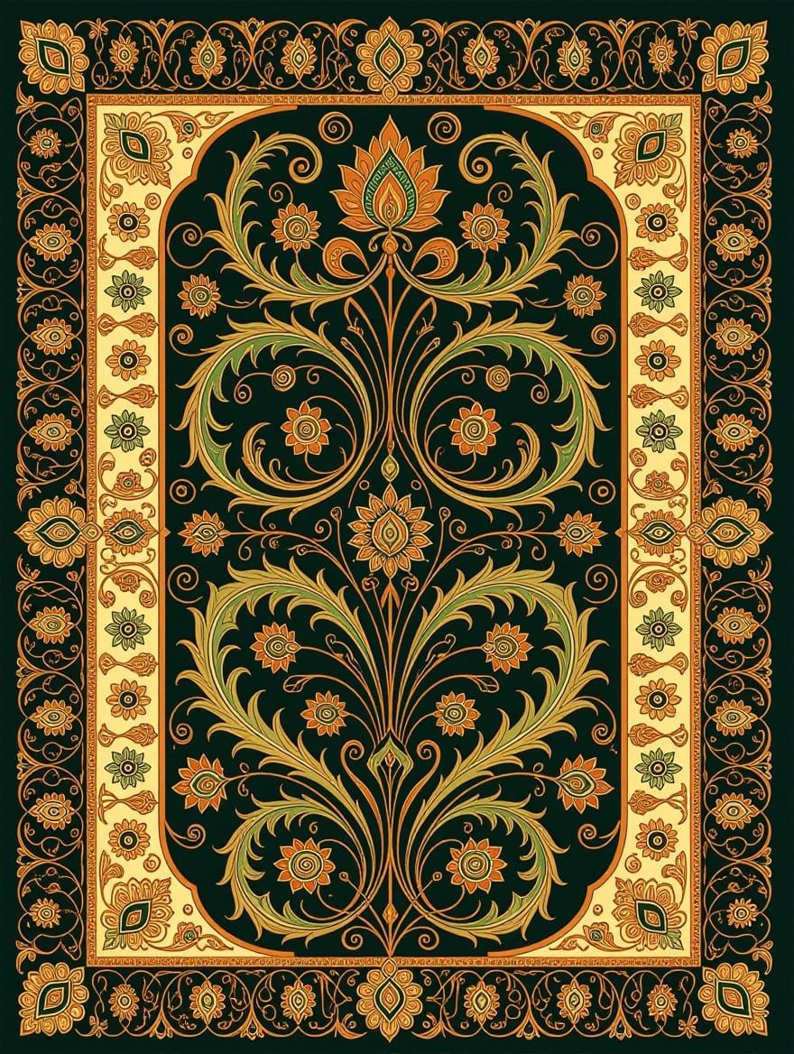 A richly detailed, vertically symmetrical textile pattern inspired by ...