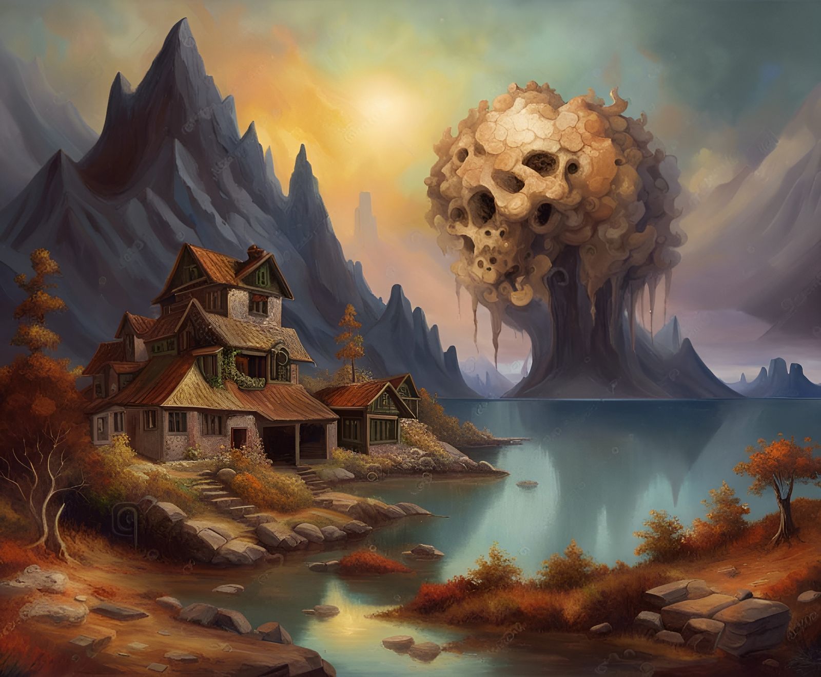 A Crumbling Mountain Threatens the Lakeside Village; precisionism, oil ...