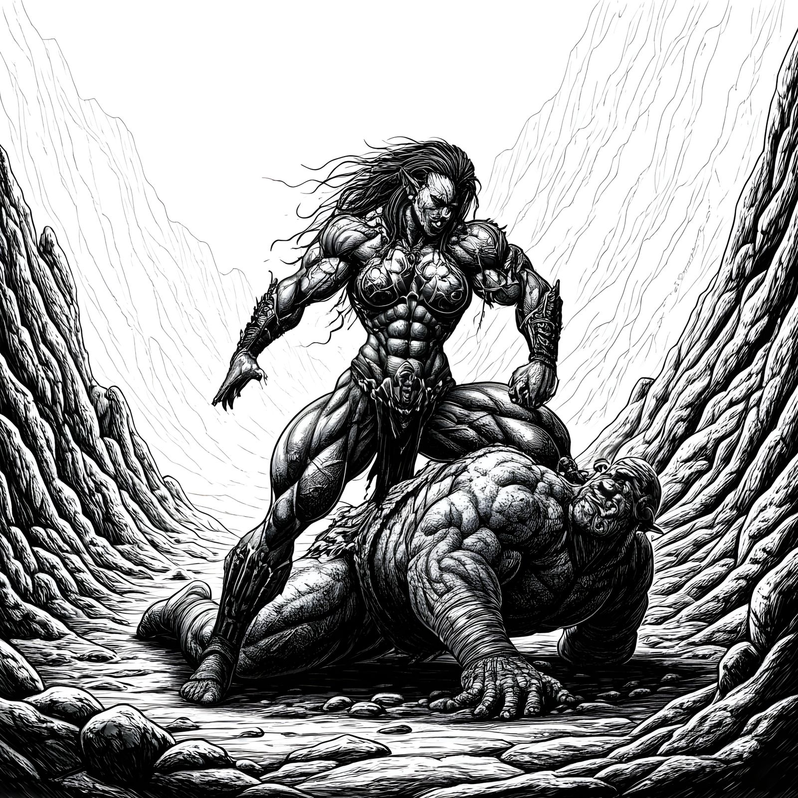 Powerful warrior Orc fighting an Ogre