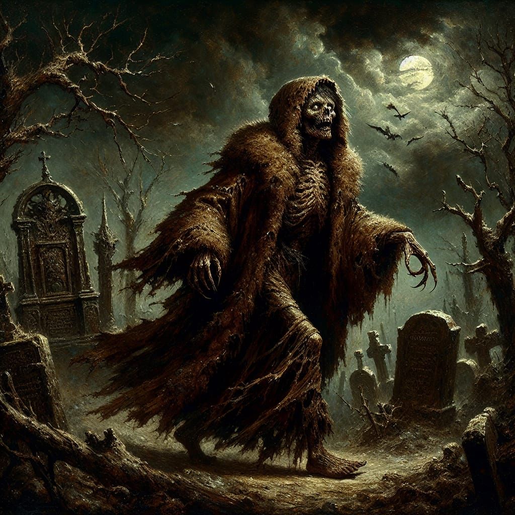 A dark fantasy scene. A repulsive necromancer, whose skin is rotting ...