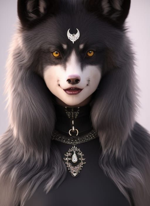 character portrait icon of the anthropomorphic wolf girl, wearing black ...