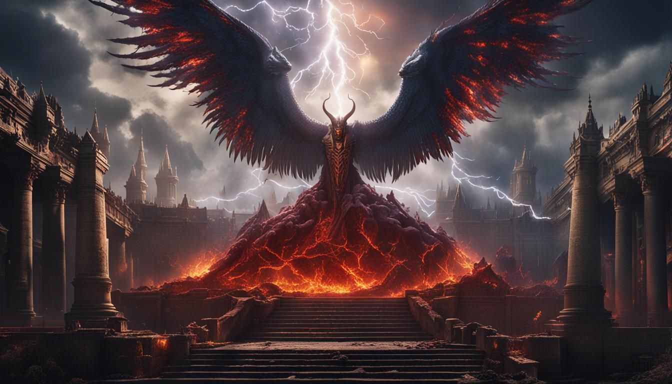 Lucifer is chained. He can't escape from hell.. God's lightning hitting ...