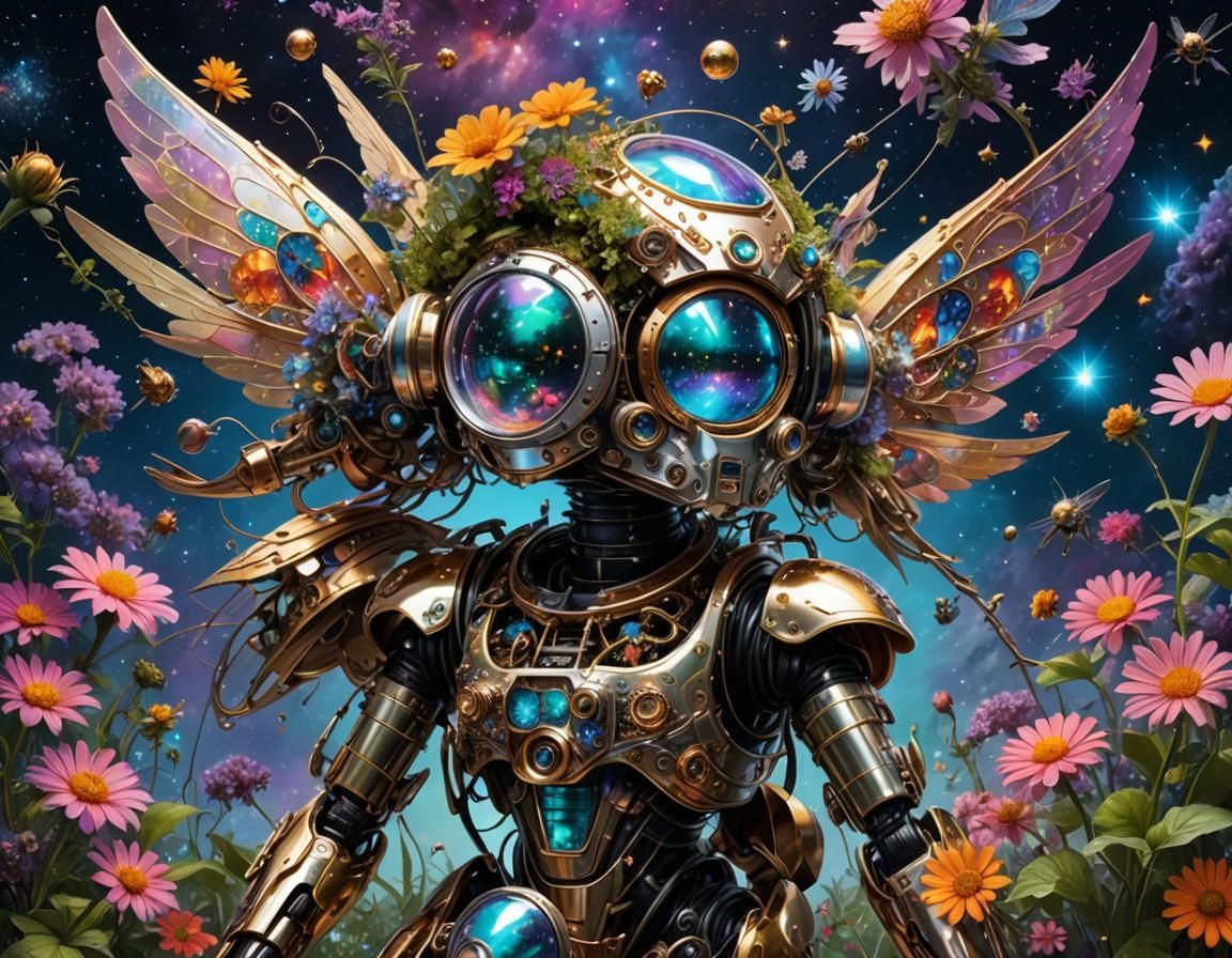 (hyper detailed shiny artwork of a floating beautiful robot fairy with ...