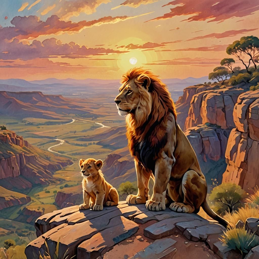 Mufasa and baby Simba standing on a cliff looking over the valley at ...