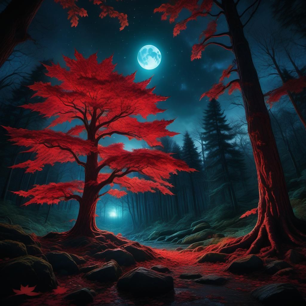A Very Pretty Glowing Red Maple Tree At Night In A Old Forest Epic ...