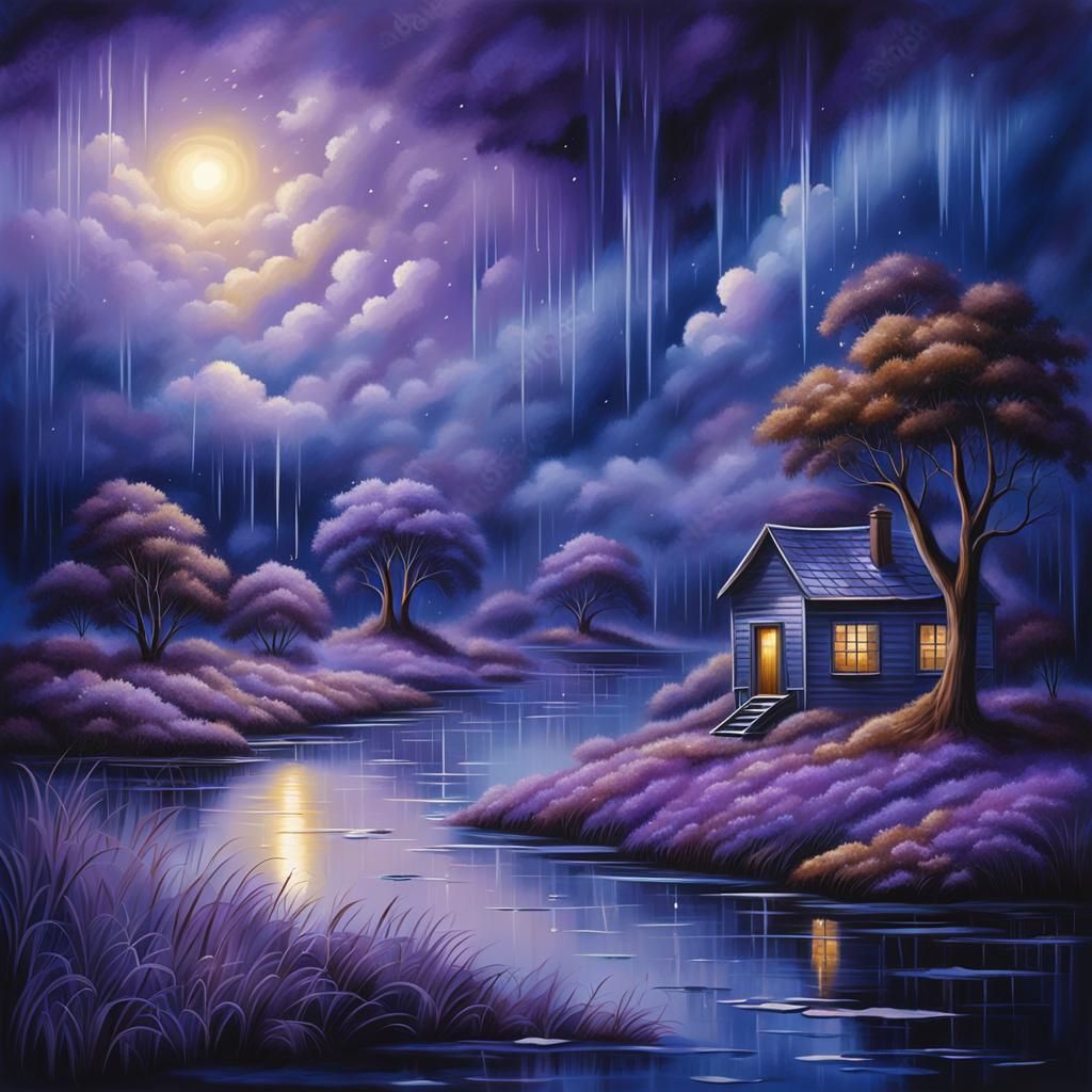 Clean Oil Painted Airbrush Illustration, Rainy day Mystical Celestial ...