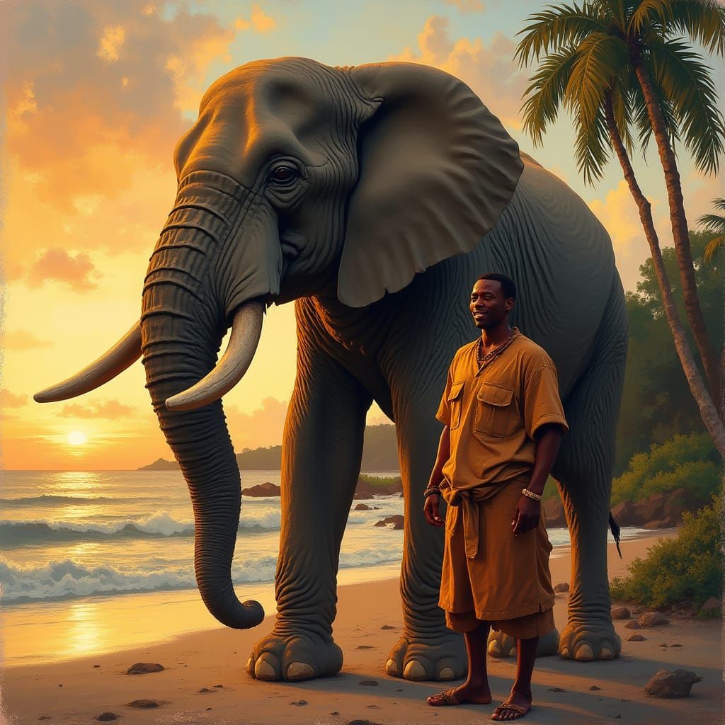 Serene African Gentleman Stands Beside Majestic El... - AI Art