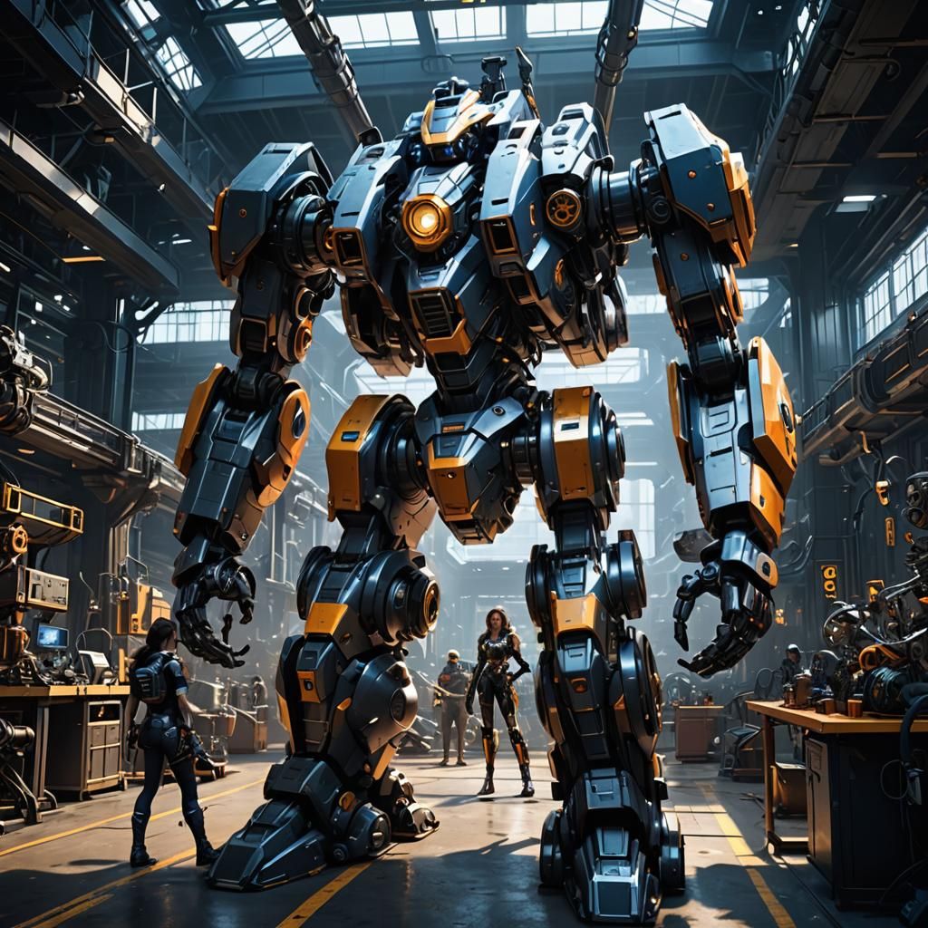 Highly imaginative illustration of a gigantic mech workshop where ...