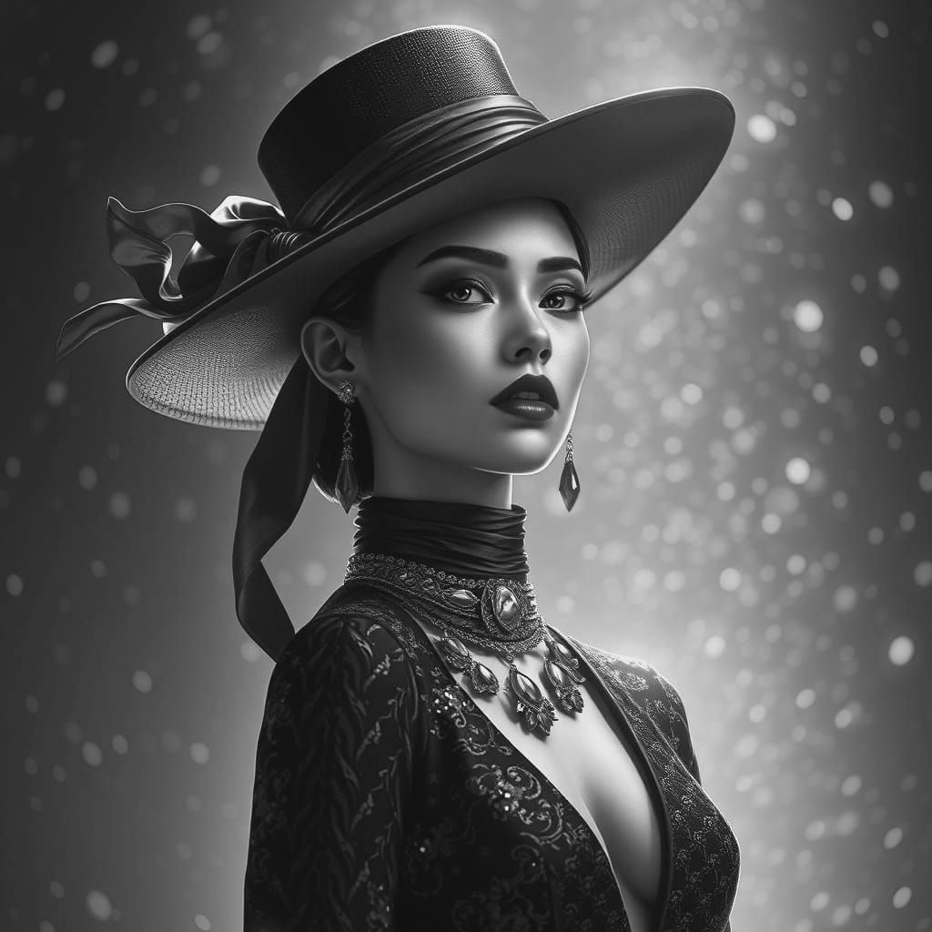Elegant Woman in Radiant Black Attire with Red Acc... - AI Art