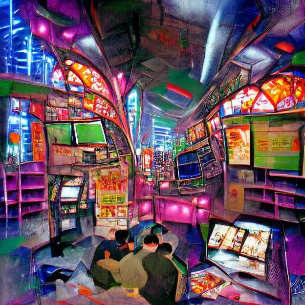 INSIDE A GAME CENTER WITH BRIGHT SCREENS AND NEON IN THE MID 1990S ...
