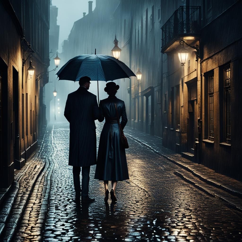 A stranger and a woman with a umbrella standing on a cobblestone street ...