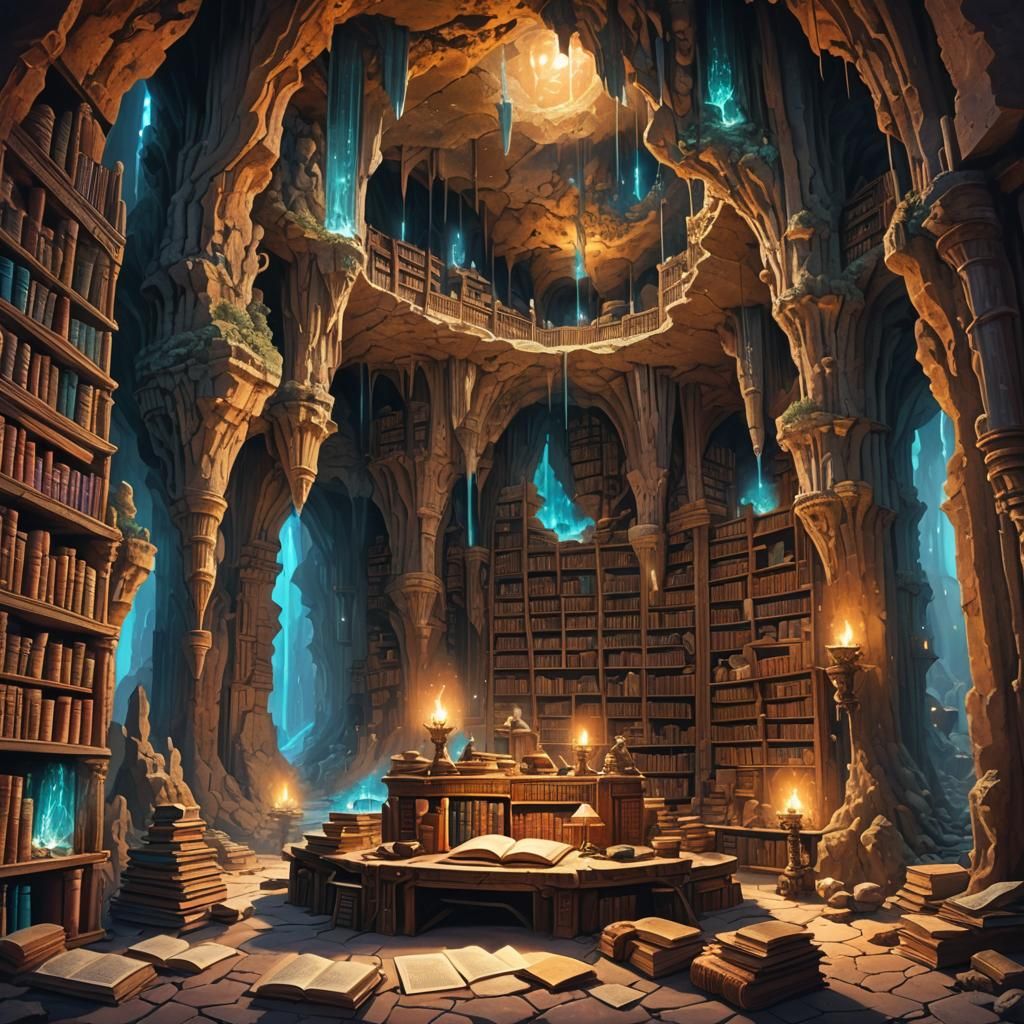 ancient library full of books and scrolls inside a cave with ...
