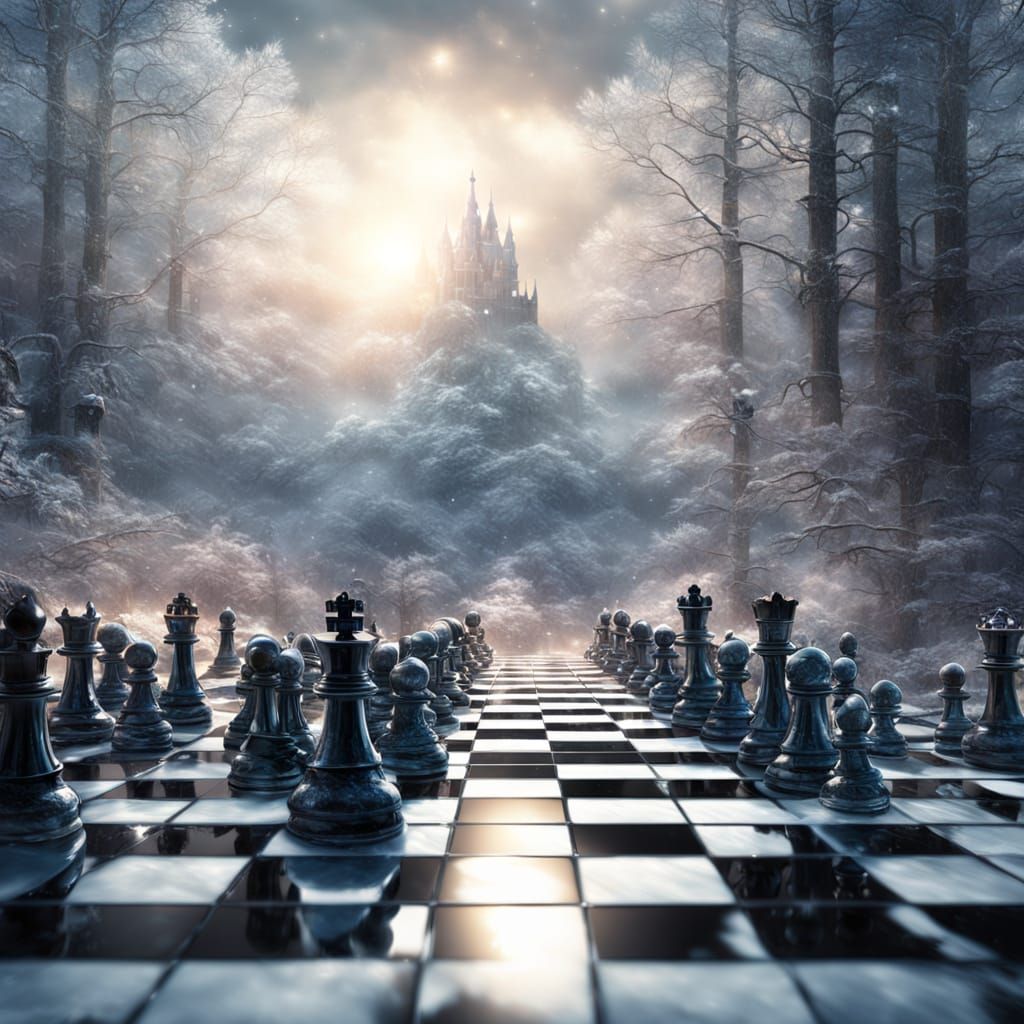 Epic Chess Queen Snowscape in Vibrant Glass and Me... - AI Art