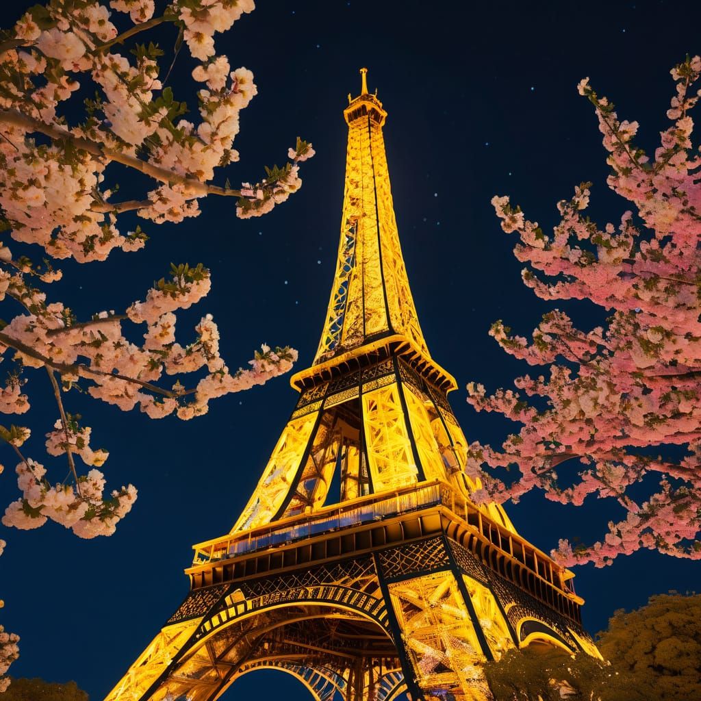 Eiffel Tower at night - Golden Eiffel Tower Under Vibrant C...