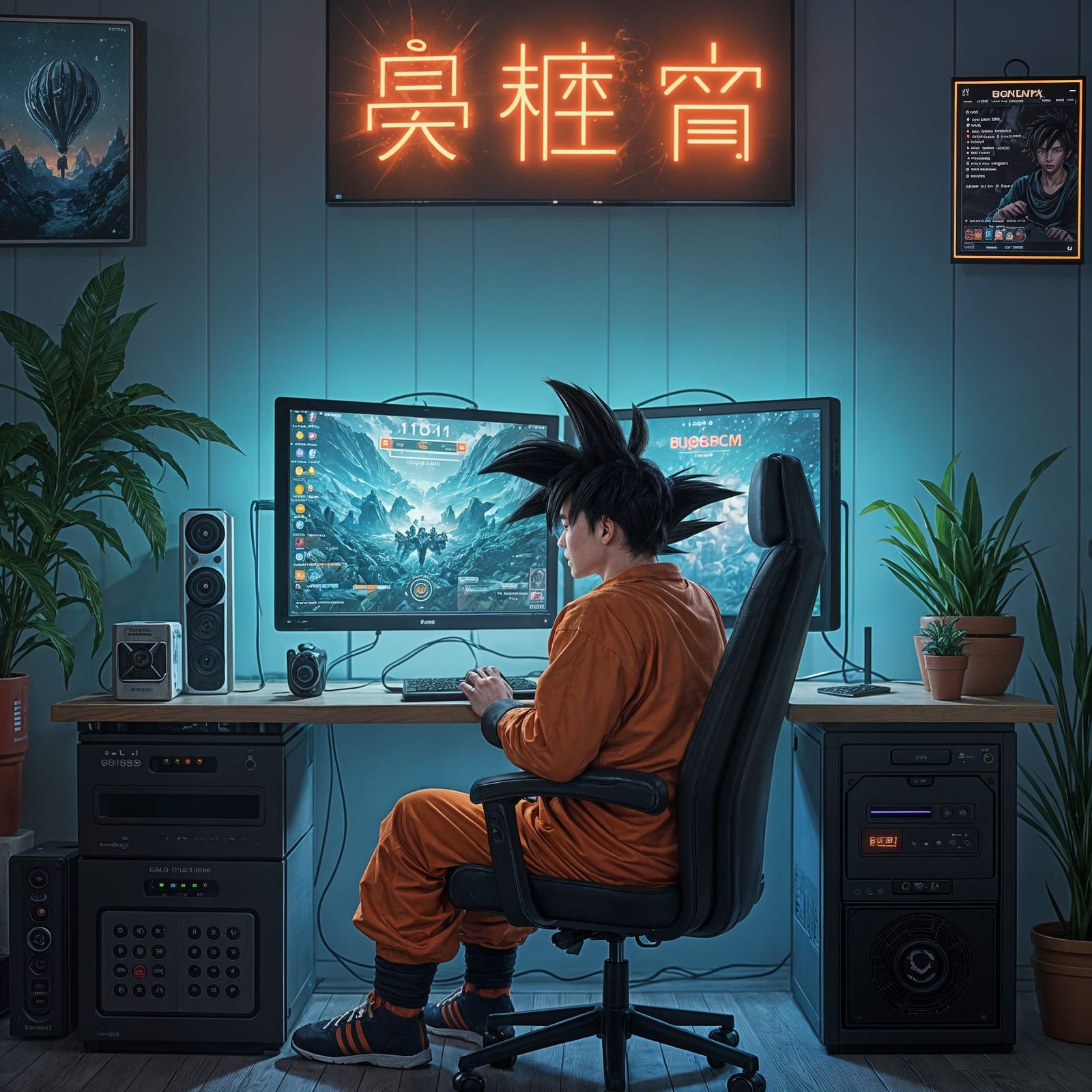 Gaming Setup with a Solo Goku Character in a Darke... - AI Art