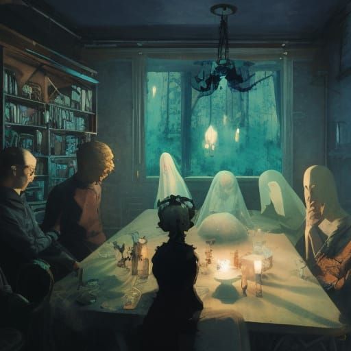 Vintage Ghost Seance Illustration in Studio Ghibli... - AI Art