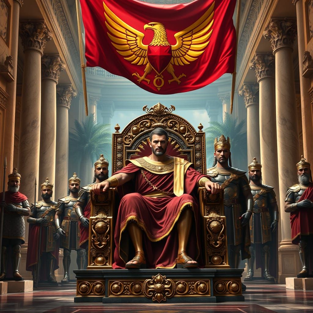 Roman Emperor Majestically Sits on Throne in Grand... - AI Art