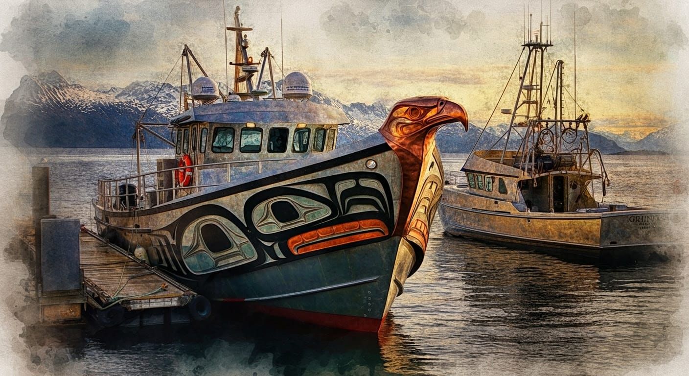 Alaskan trolling boats, adorned with Haida art