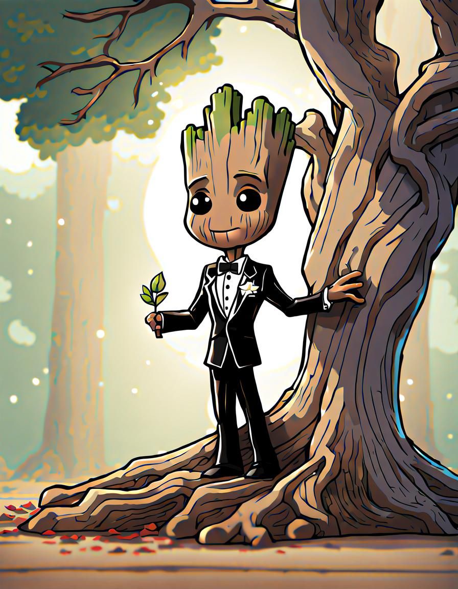 Chibi Groot In A Tuxedo Asking A Tree Out On A Date - AI Generated ...