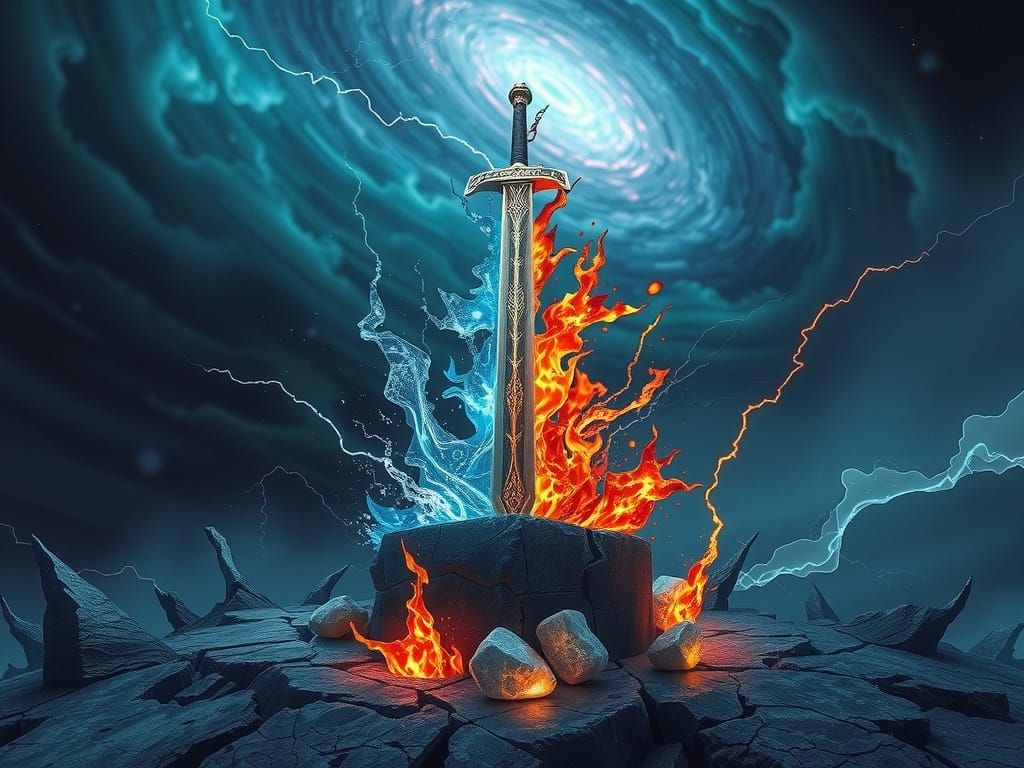 Epic Elemental Sword Embodied in Ancient Stone - AI Art