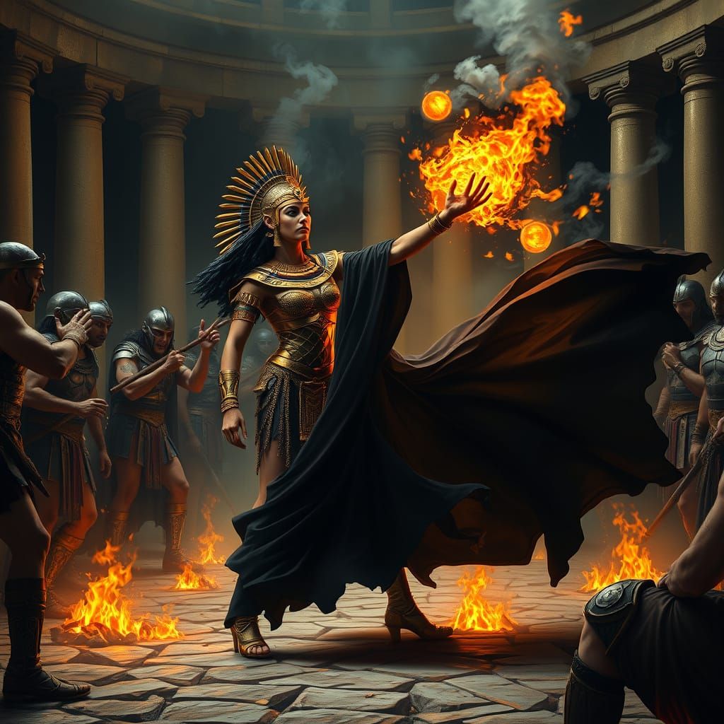 Egyptian Goddess Battles Vampire in Fiery Arena wi... - AI Art