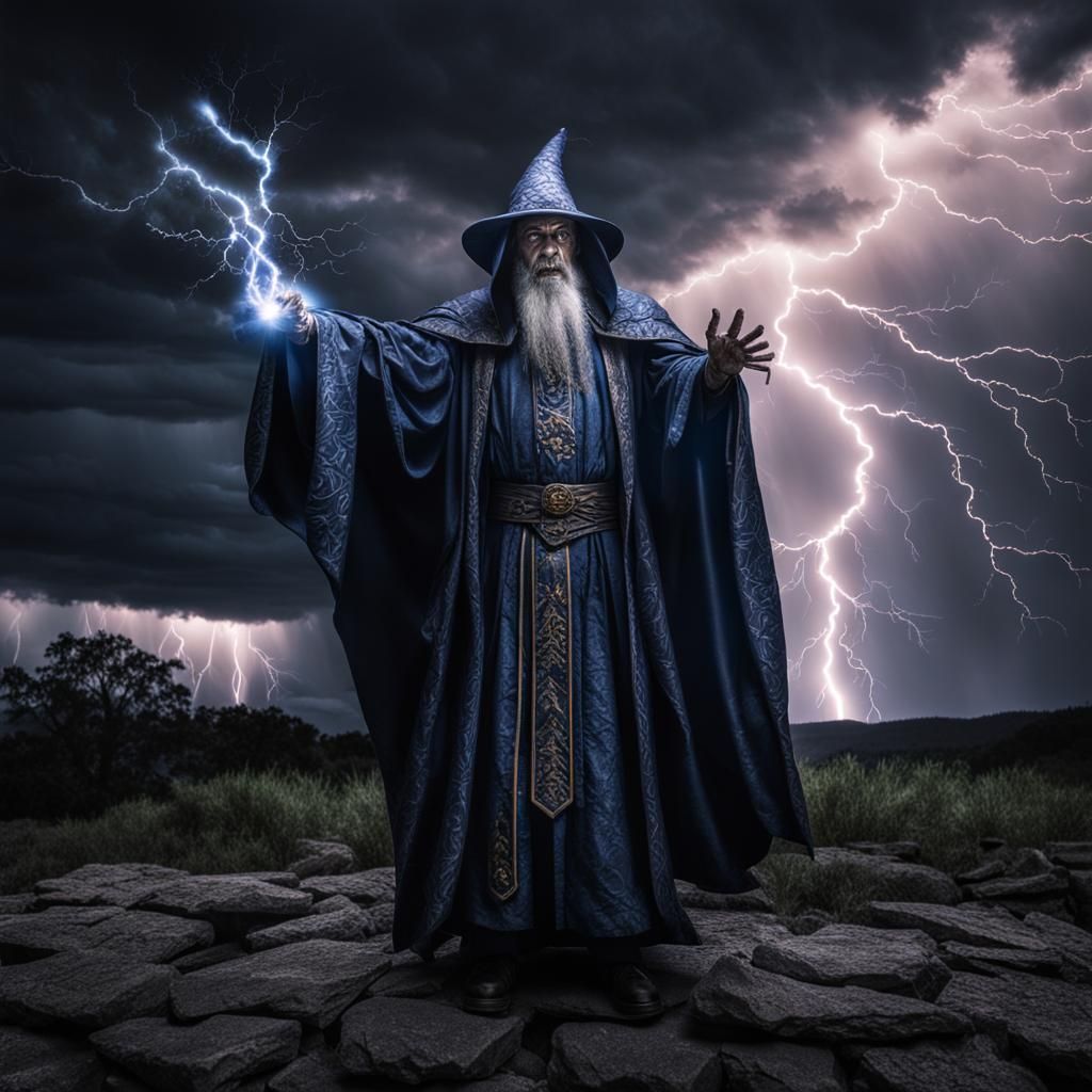 An evil wizard conjuring woe from a lightning storm, dark, ominous ...