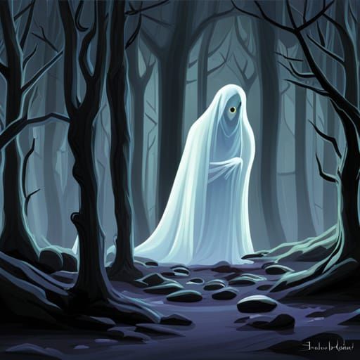 a painting of a creepy, iridescent ghost in a winter forest, ominous ...