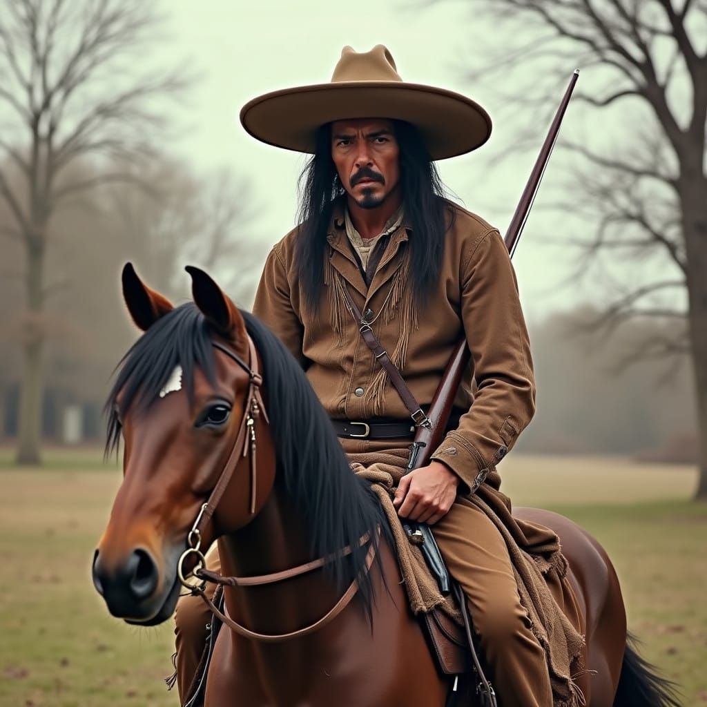 Angry Outlaw in Buckskins Rides Eastern Texas Plai... - AI Art