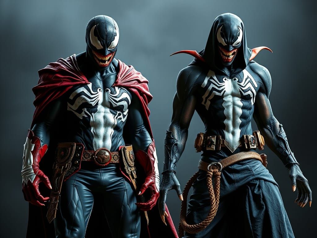 FULL BODY SHOT OF COMIC BOOK CHARACTERS SPAWN AND VENOM. SINISTER, DARK ...