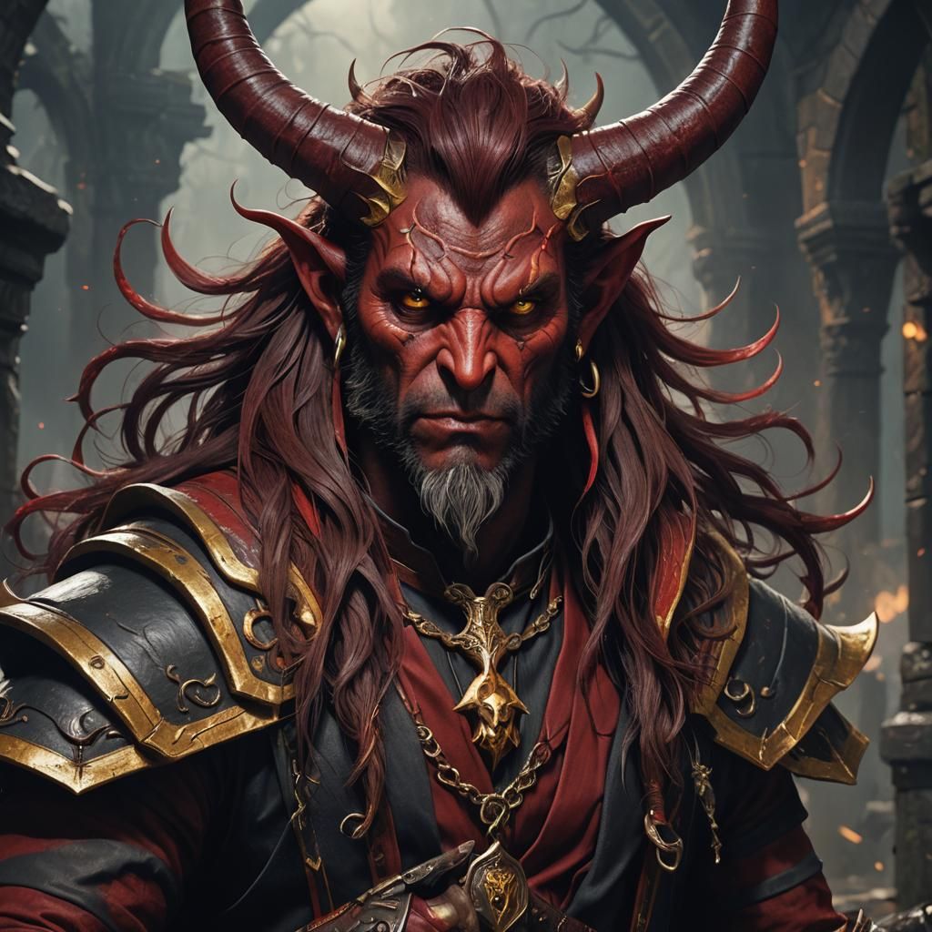 A dark red tiefling, with a buffy beard and a long hair with some ...
