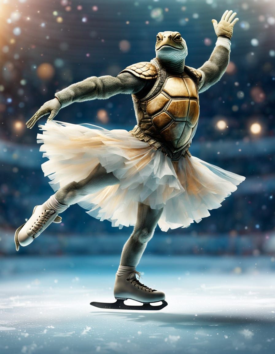 Turtle Athlete wearing Ice skates and Tutu