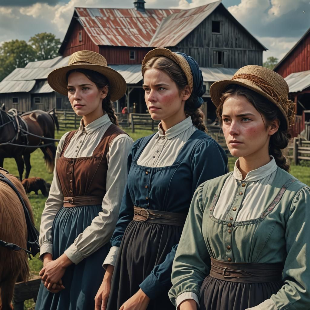 Amish women. barn. cloudy. vivid color. intricate. ultra-realistic ...