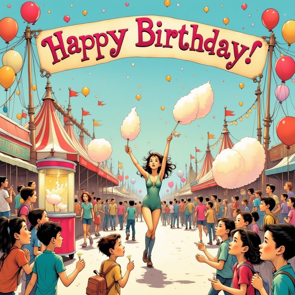 A party poster for an amusement park themed birthday with cotton candy ...