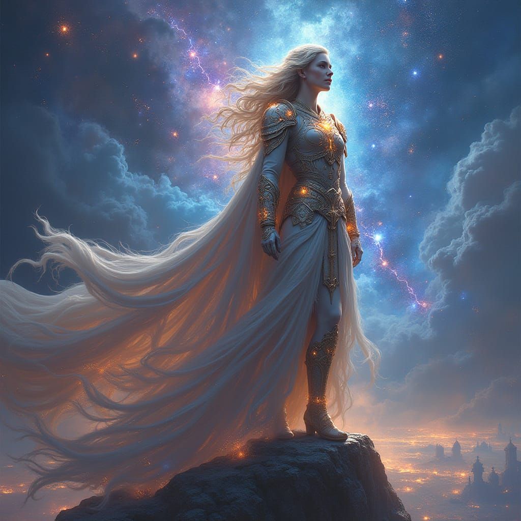 Celestial Warrior Overlooking Galaxy in Hyperreali... - AI Art