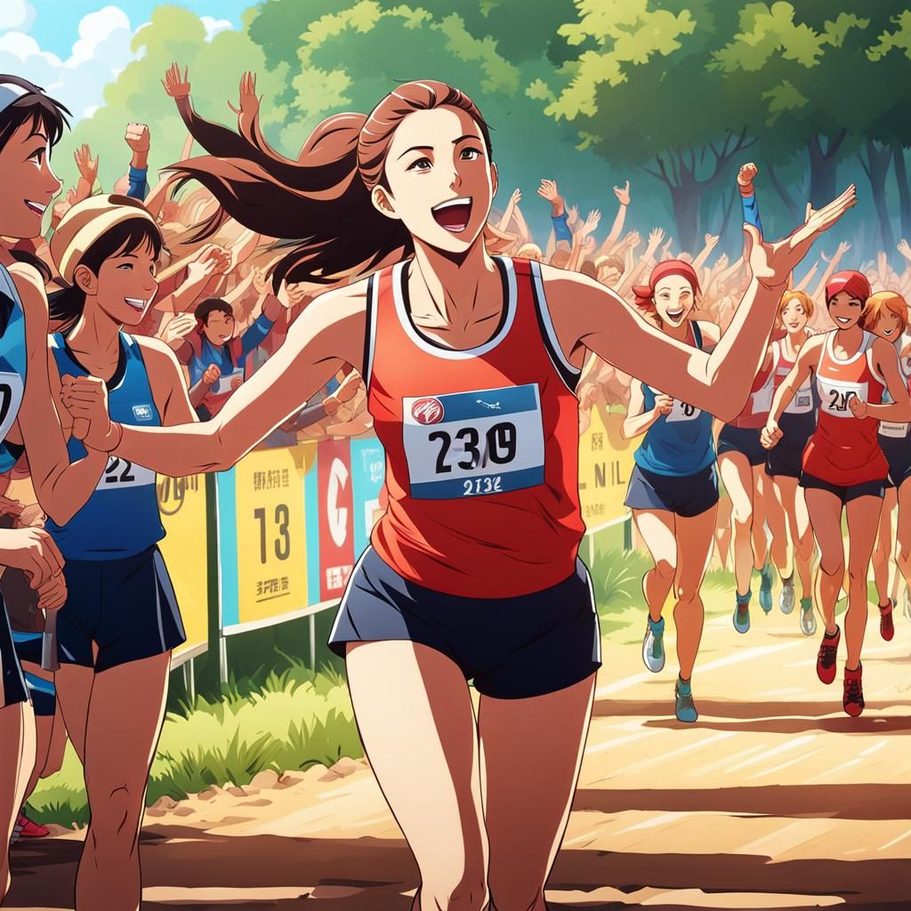 Happy female athlete giving high fives to the supporters standing at ...